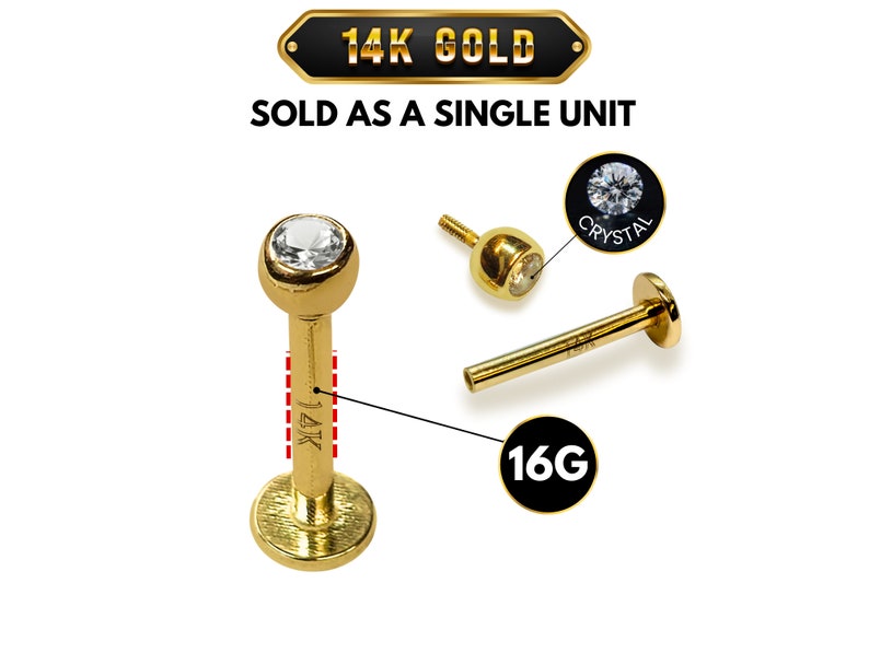 Labret Lip Piercing 14K Gold With Gem Crystal 16G Internally Threaded ...