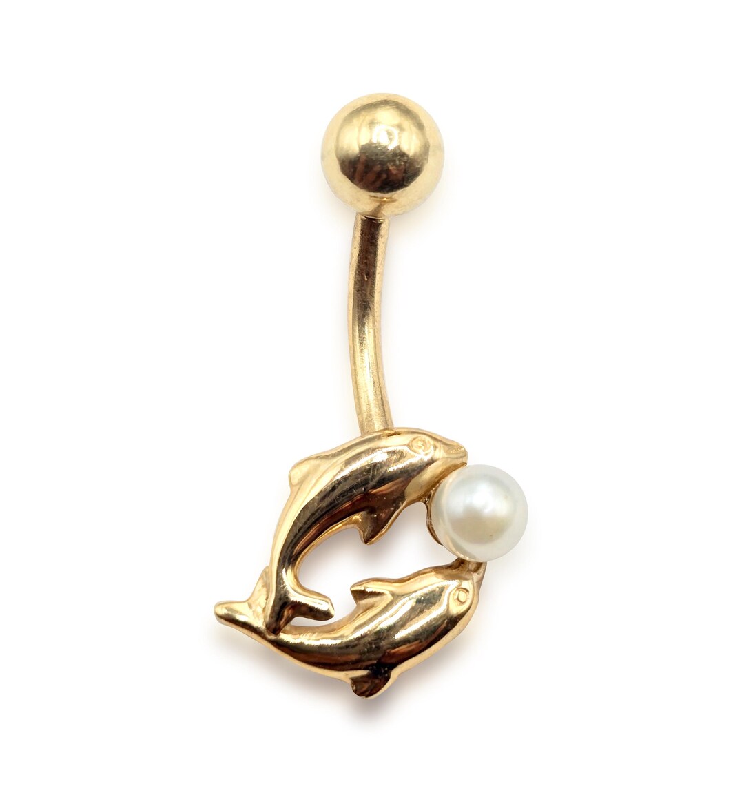14K Gold Dolphin Belly Button Ring With Genuine Pearl 14G Navel ...