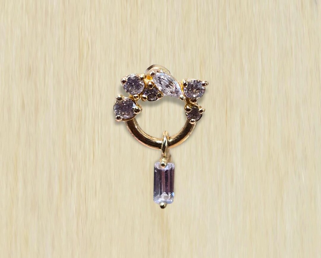 14K Gold Dangle Lock Charm Labret Piercing, Dangling Gem Nose Ring- 14K ...