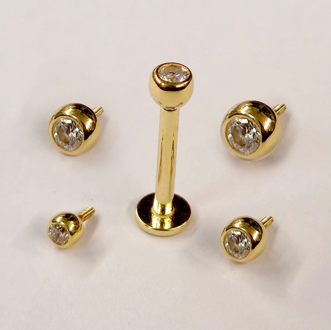 Labret Lip Piercing 14K Gold With Gem Crystal - 16G Internally Threaded ...