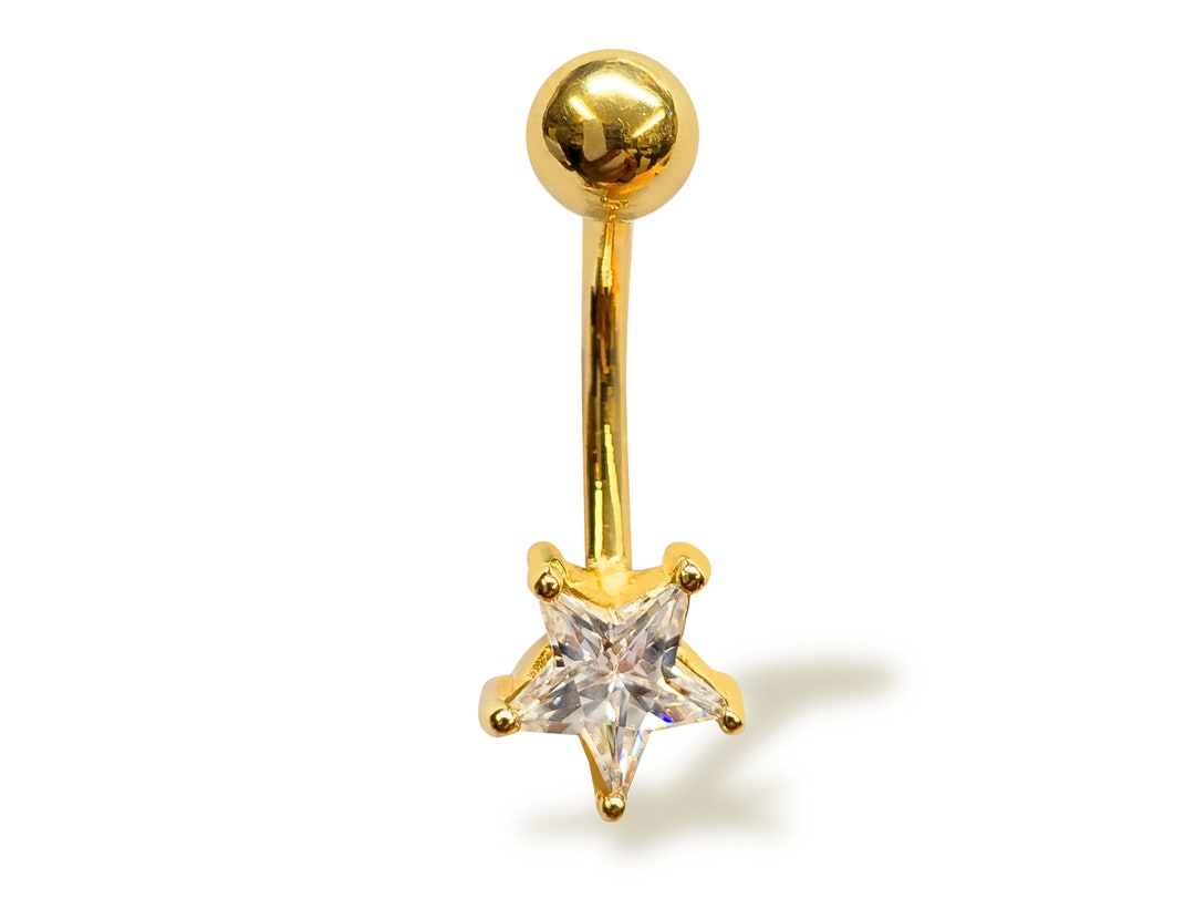 Solid 14K Gold Star Belly Ring - 14K Gold Inverted Pentagram Star Belly ...