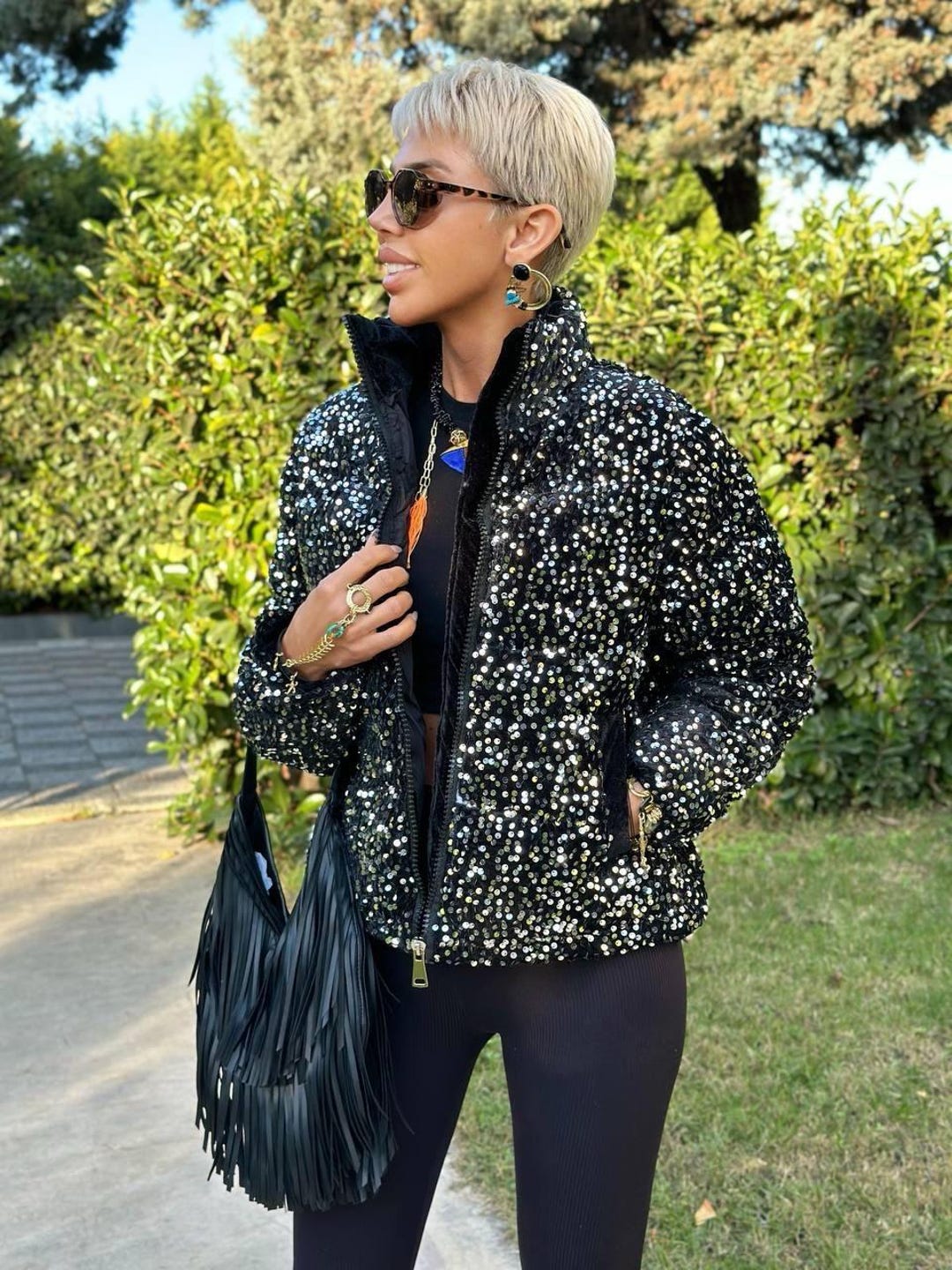 Women Sequin Winter Jacket Black Sparkly Puffer Coat Sparkle Padded ...