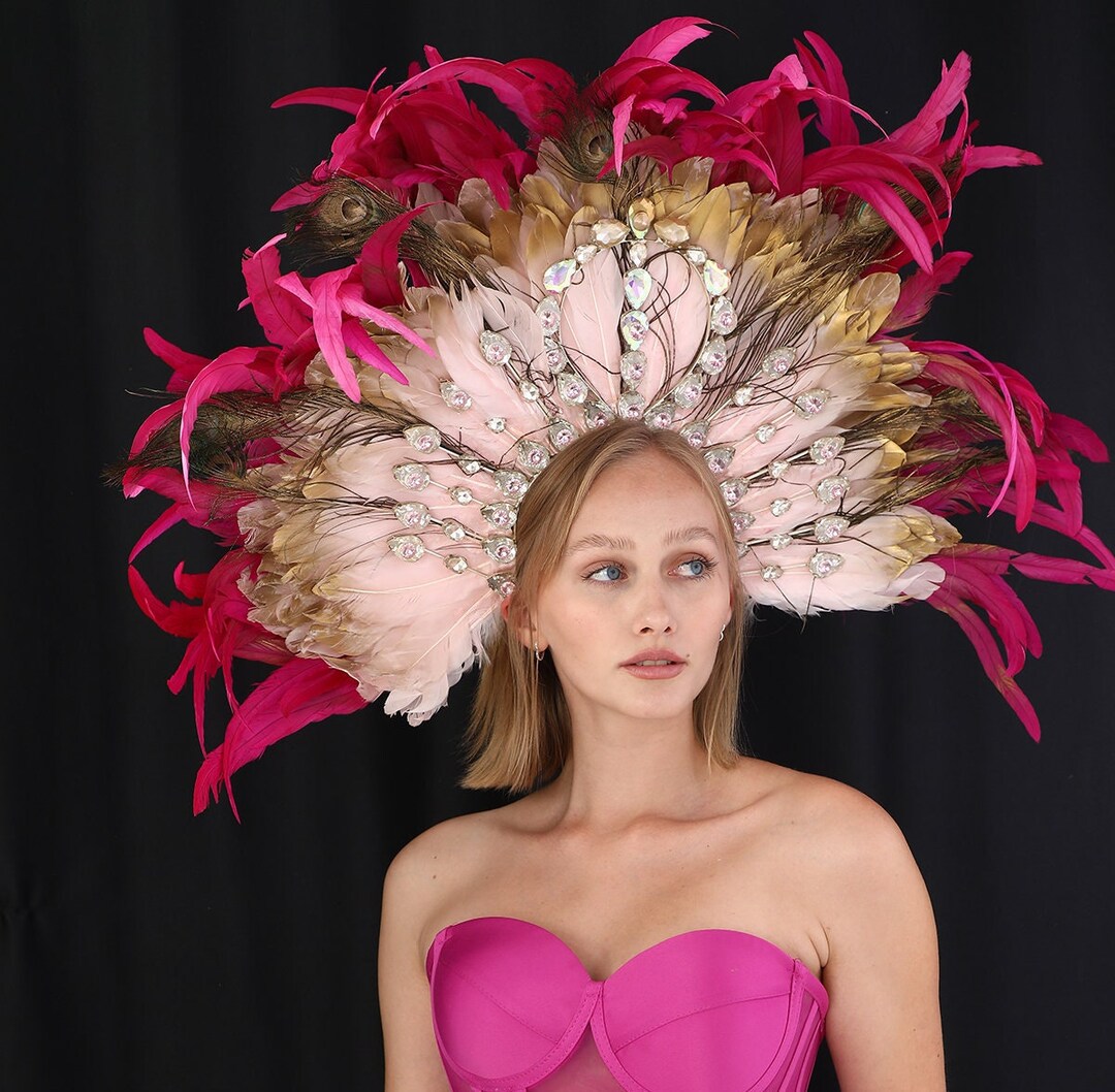 Feather Crystal Crown, Gold and Fuchsia Showgirl Headpiece, Rhinestone ...