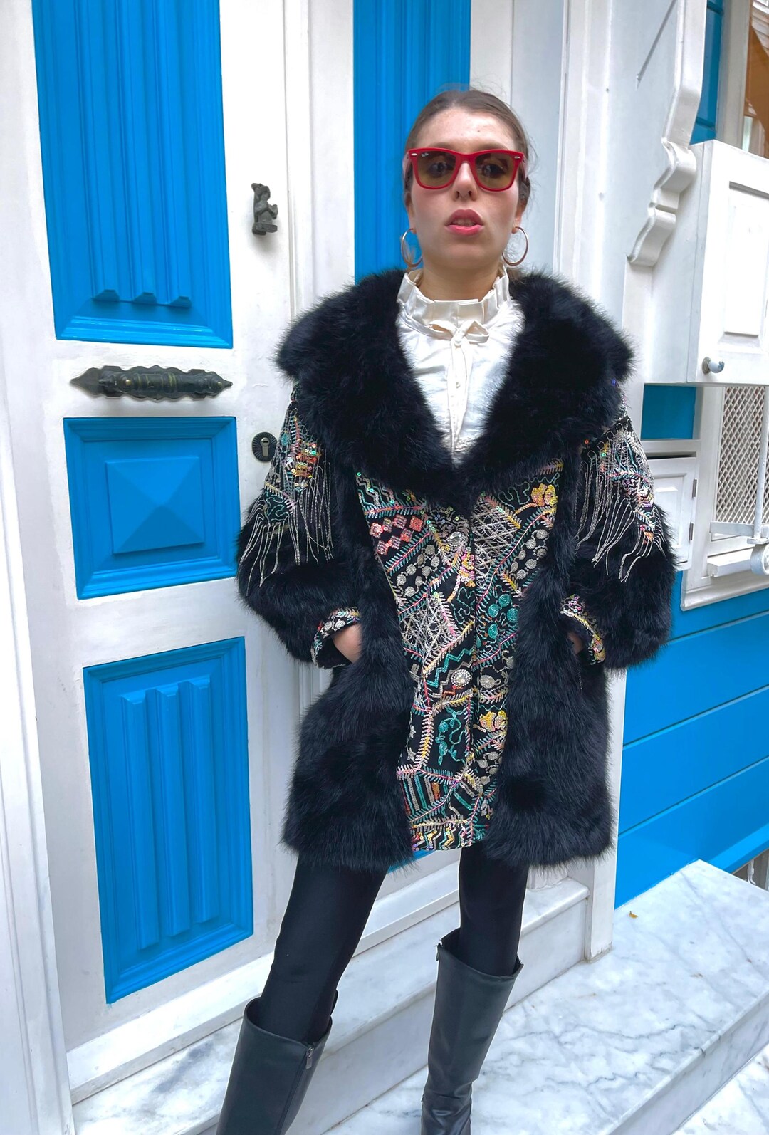 Chic Black Faux Fur Coat With Unique Embroidery Glamorous Winter Jacket ...