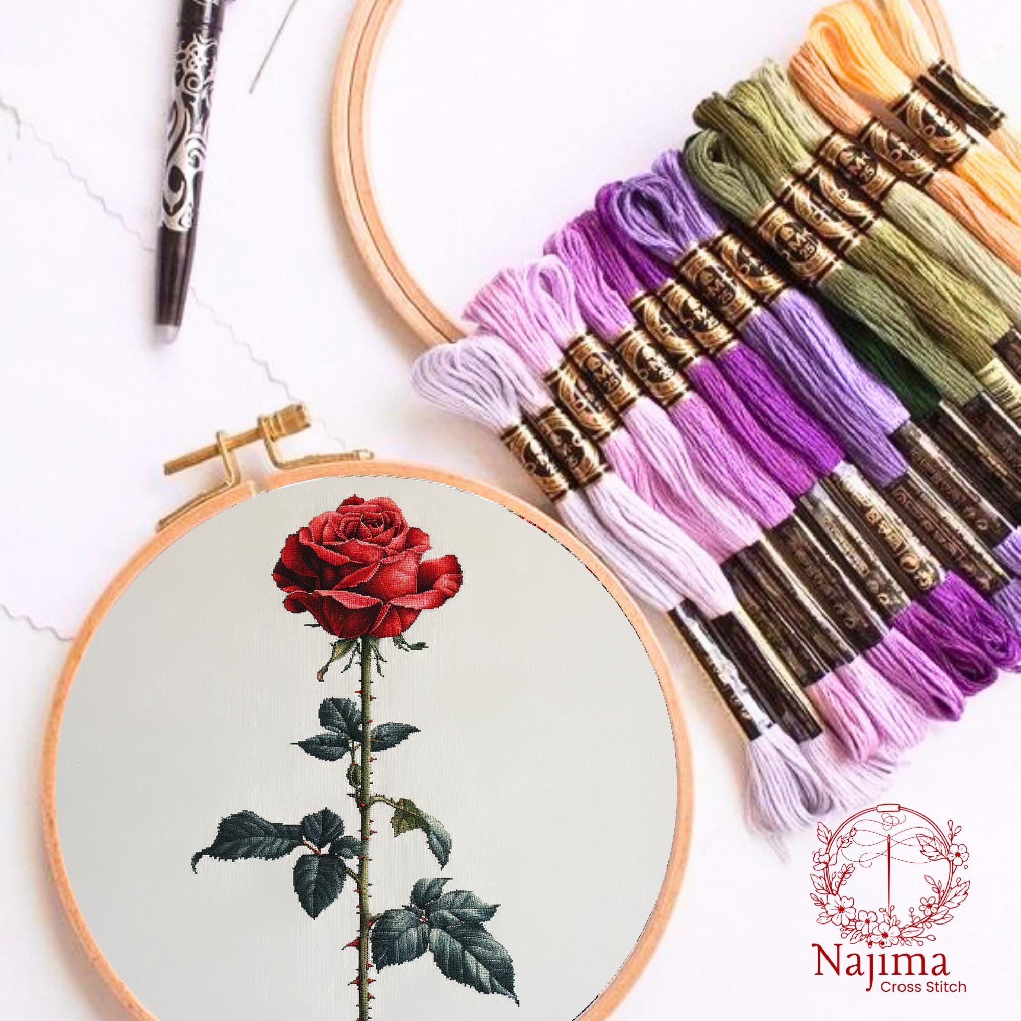 Red Rose Cross Stitch Pattern, Hand Embroidery, Realistic Drawing ...