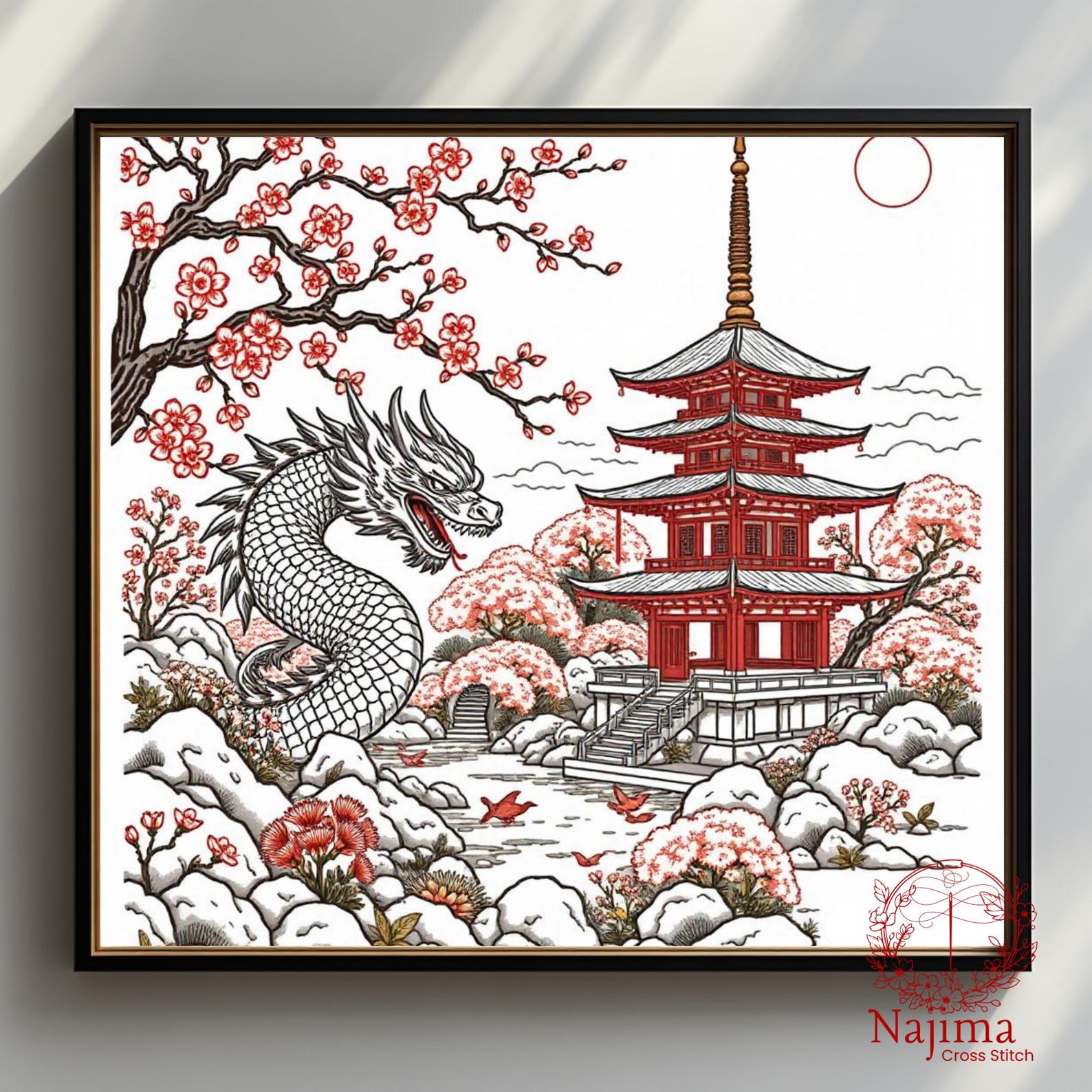 Asia Oriental Cross Stitch Pattern, Pagoda Temple Decorative Home Items ...