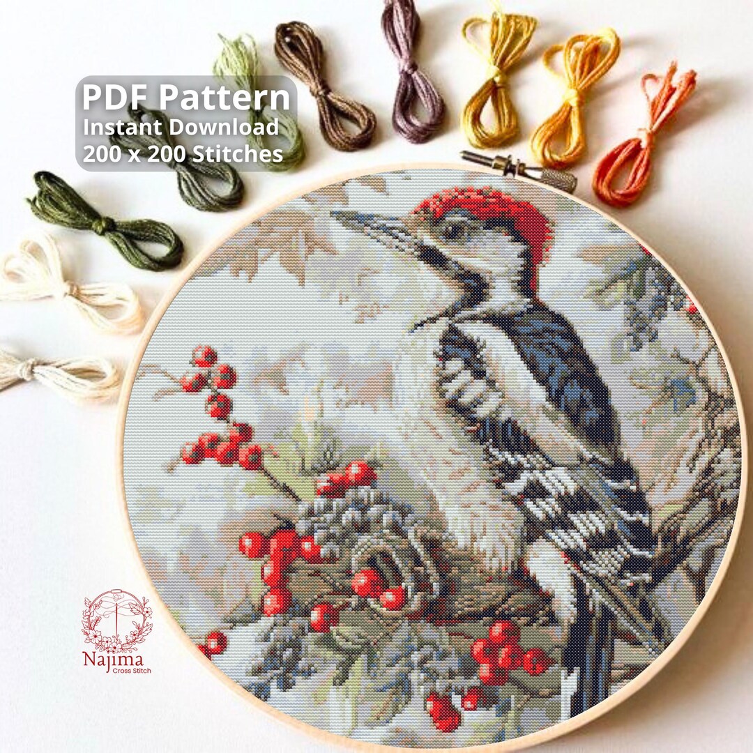 Woodpecker Cross Stitch Pattern, Woodland Bird Embroidery Chart (PDF ...