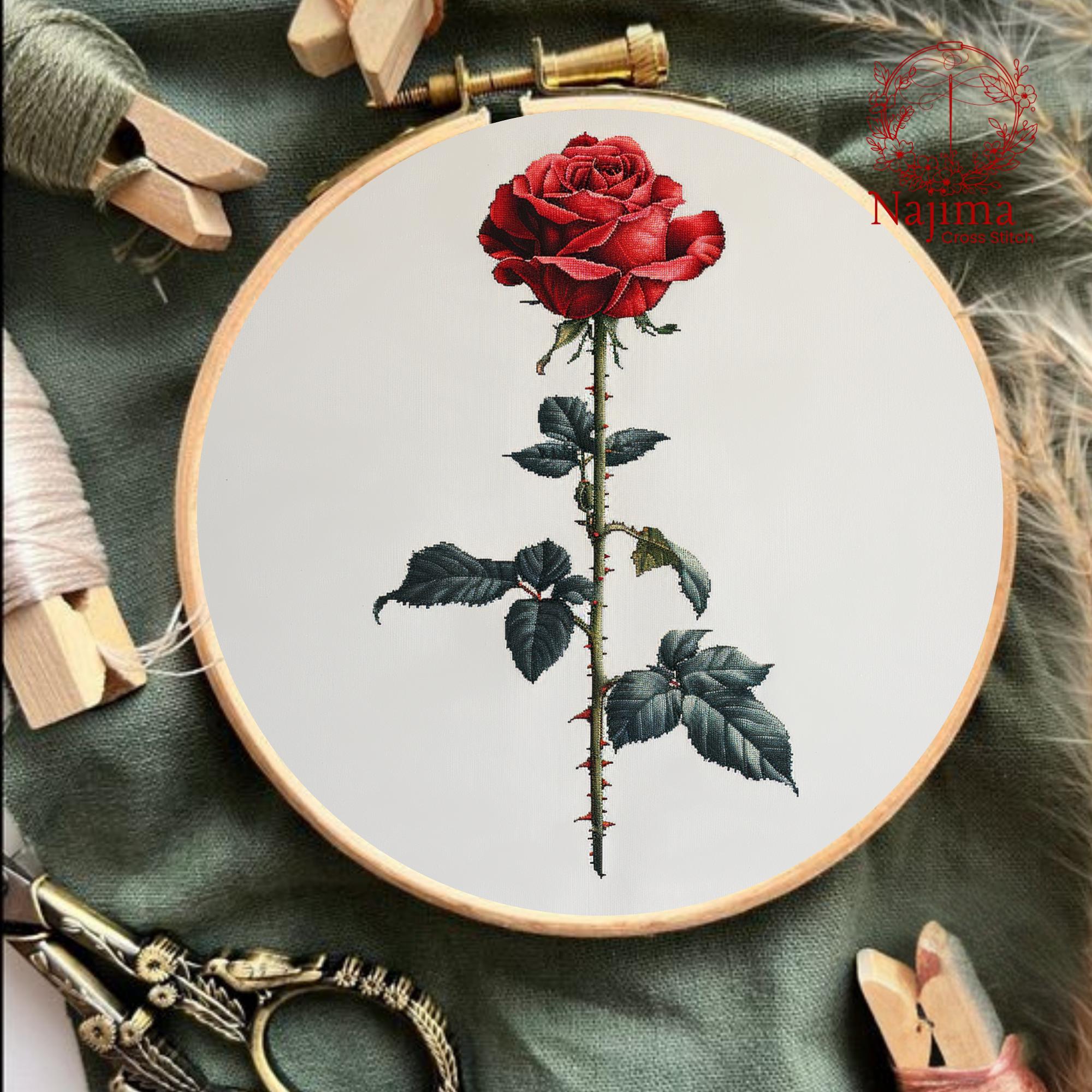 Red Rose Cross Stitch Pattern, Hand Embroidery, Realistic Drawing ...