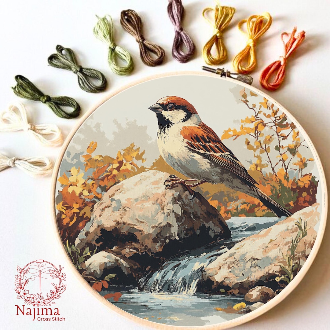 Sparrow on Rock Cross Stitch Pattern, Autumn Bird Stream PDF, Nature ...