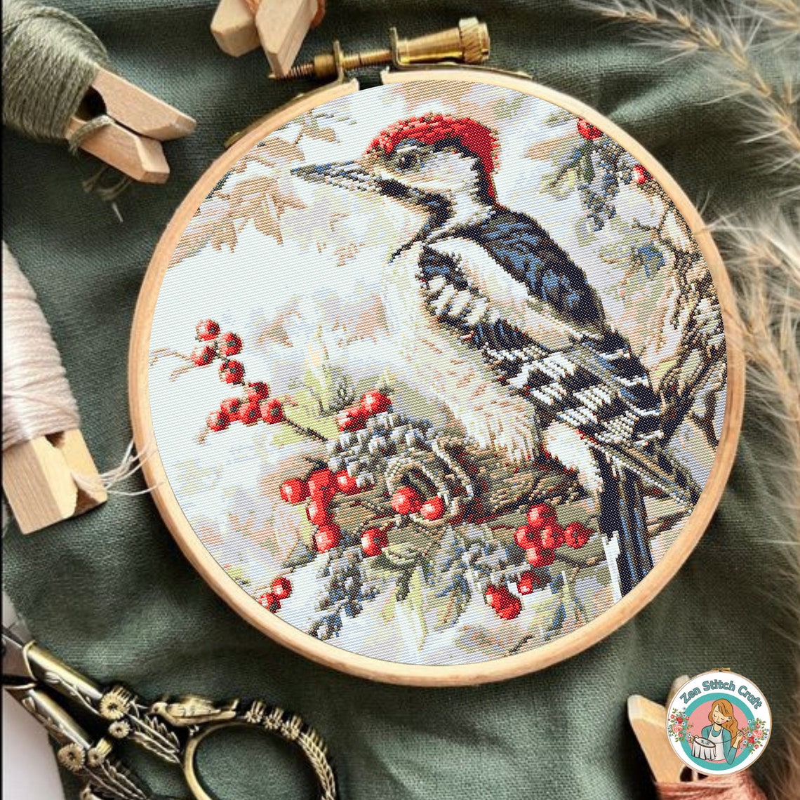 Woodpecker Cross Stitch Pattern: Bird Landscape Design (PDF Pattern) - Etsy