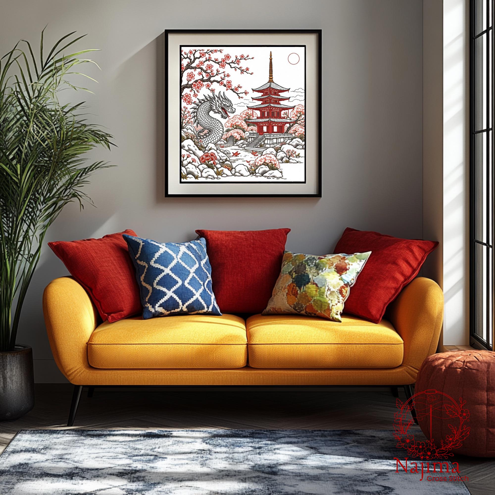 Asia Oriental Cross Stitch Pattern, Pagoda Temple Decorative Home Items ...
