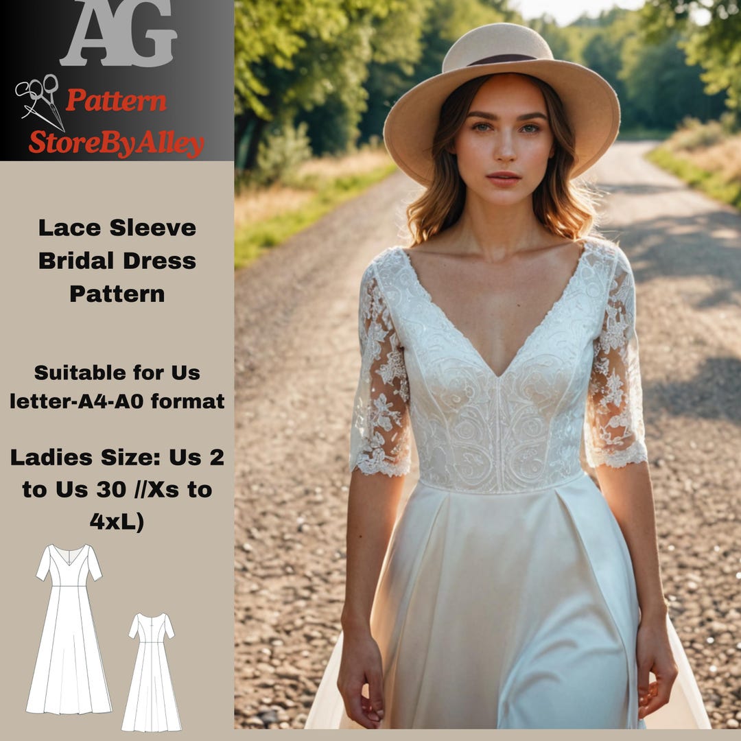 Lace Sleeve Bridal Dress Pattern, Wedding Dress Pattern, Sewing Dress ...