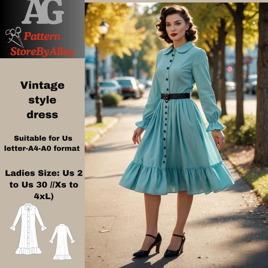 1950's Vintage Style Dress Sewing Pattern, Cocktail Dress, PDF Instant ...