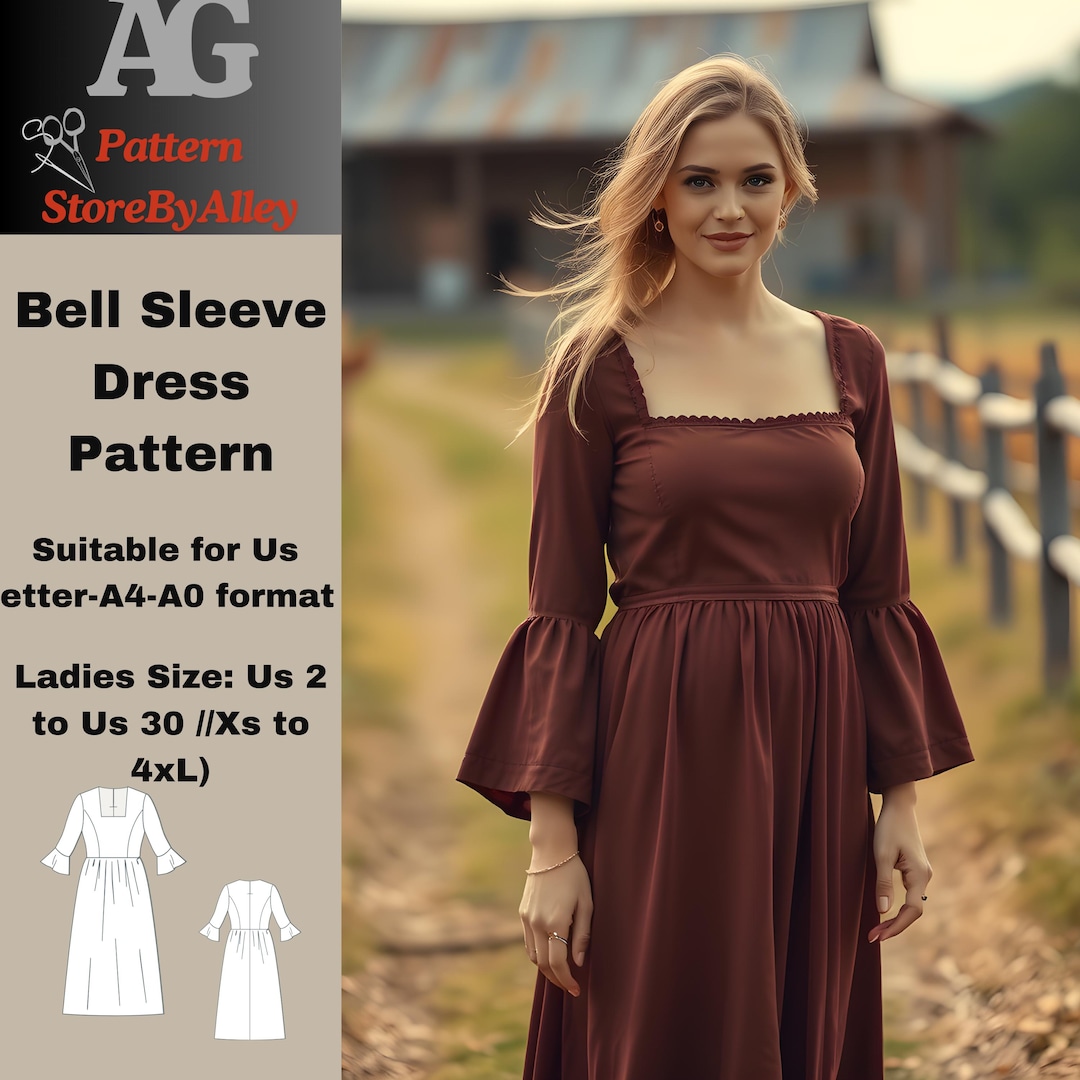 Bell Sleeve Dress Pattern, Authentic Dress, Maternity Dress, Regency ...