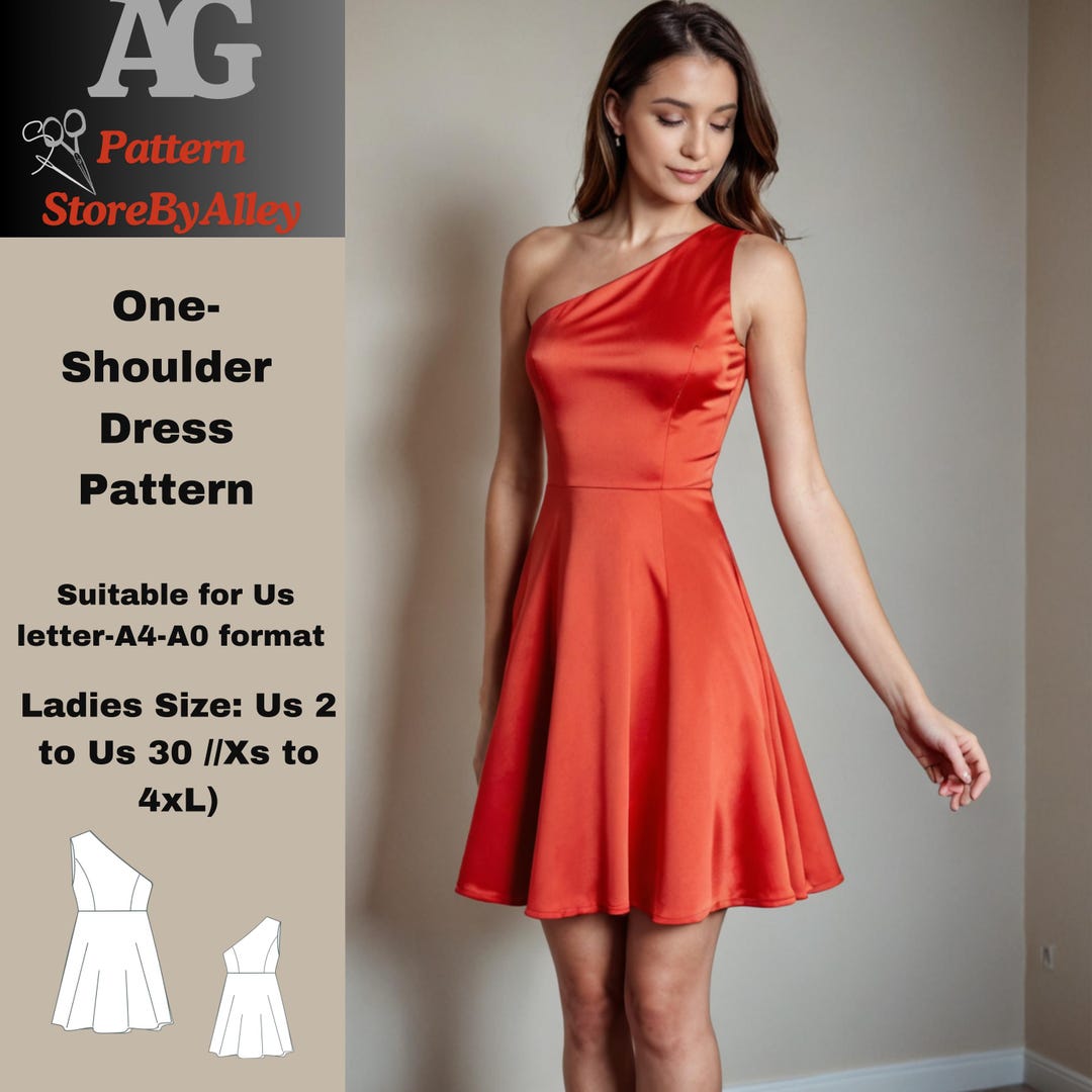 One-shoulder Dress Pattern,flared Dress Sewing Pattern, Asymmetrical ...