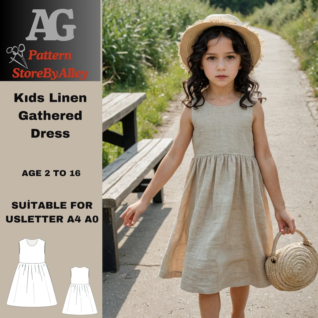 Kid's Linen Gathered Summer Dress Sewing Pattern,cap Flared Sleeveless ...