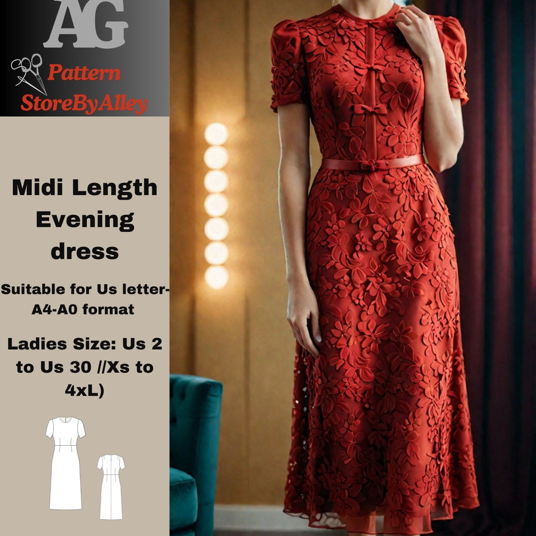 A-line Midi Formal,natural Waist Dress Sewing Pattern,suitable for Us ...