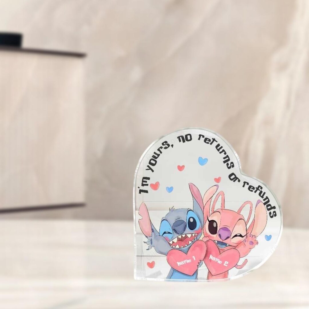 Personalized Stitch and Angel Heart Acrylic Plaque, Disney Couple Heart ...