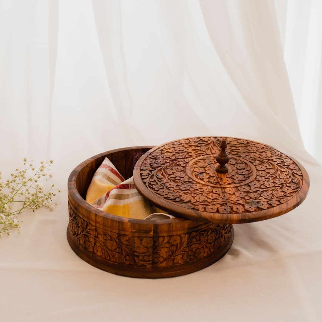 Engrave Wood Bread Pot With Lid, Large Round Kitchen Food Storage Box ...
