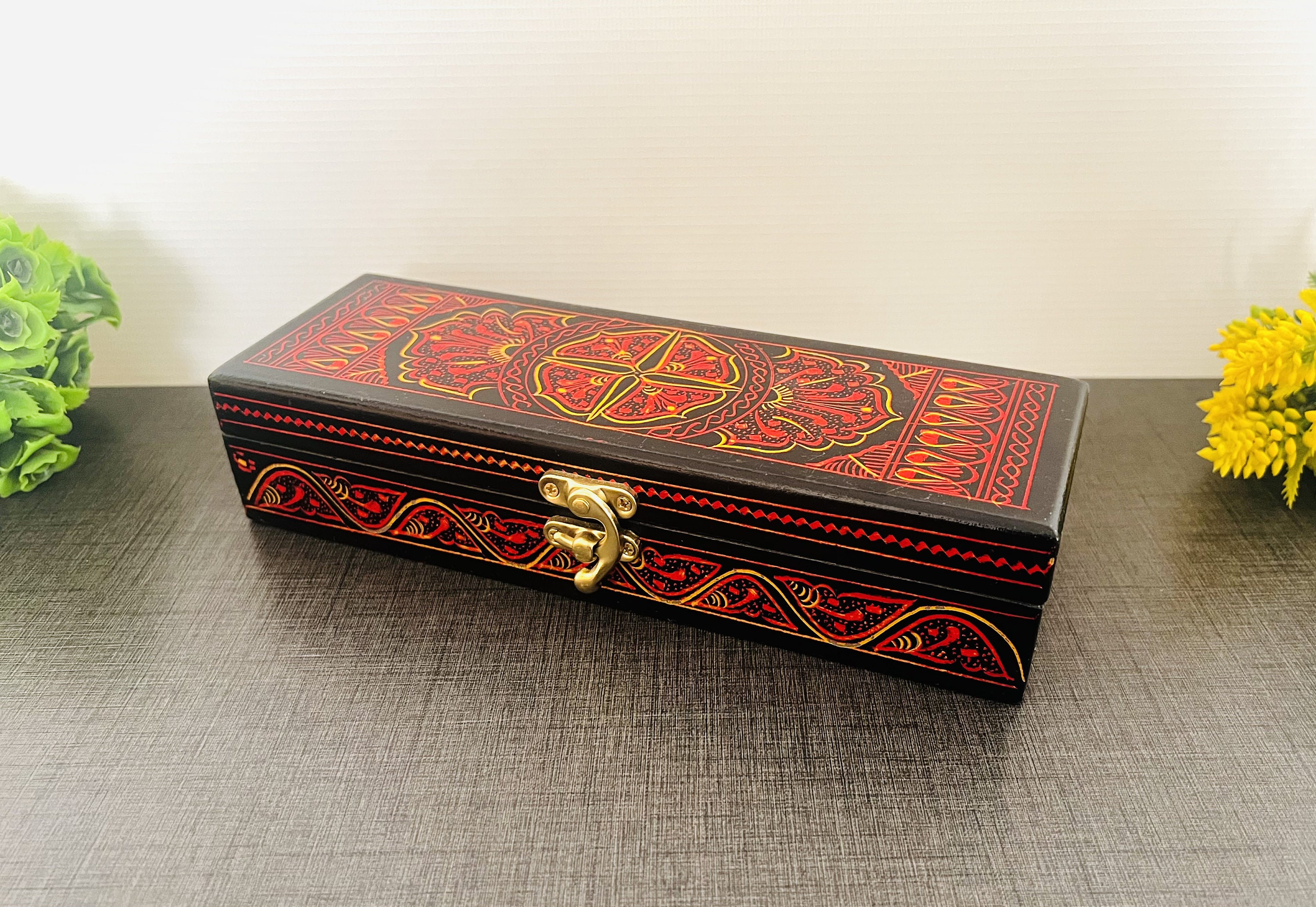 Hand Painted Pen Case, Office Desk Organizer, Wooden Pen Pencil Box ...