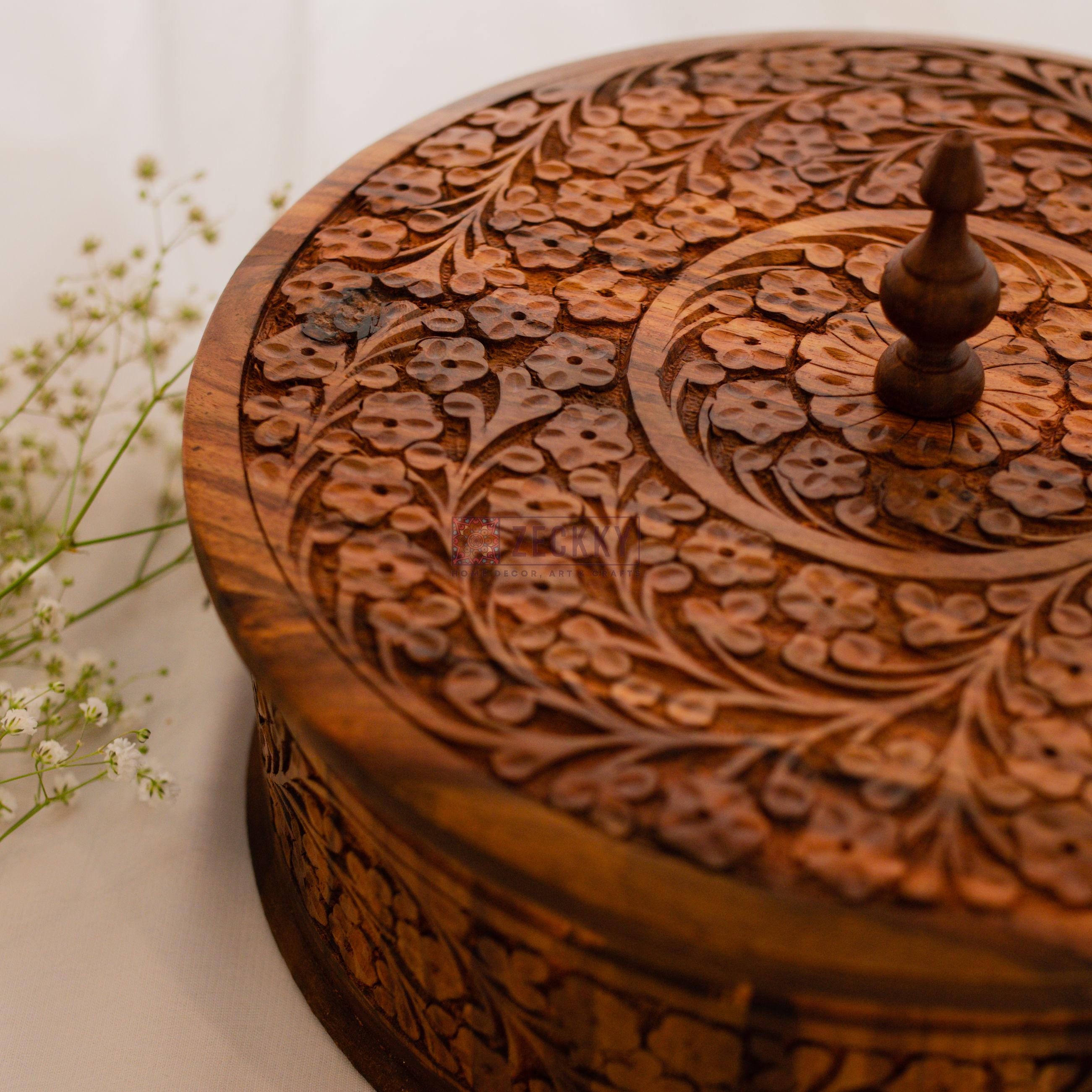 Engrave Wood Bread Pot With Lid, Large Round Kitchen Food Storage Box ...