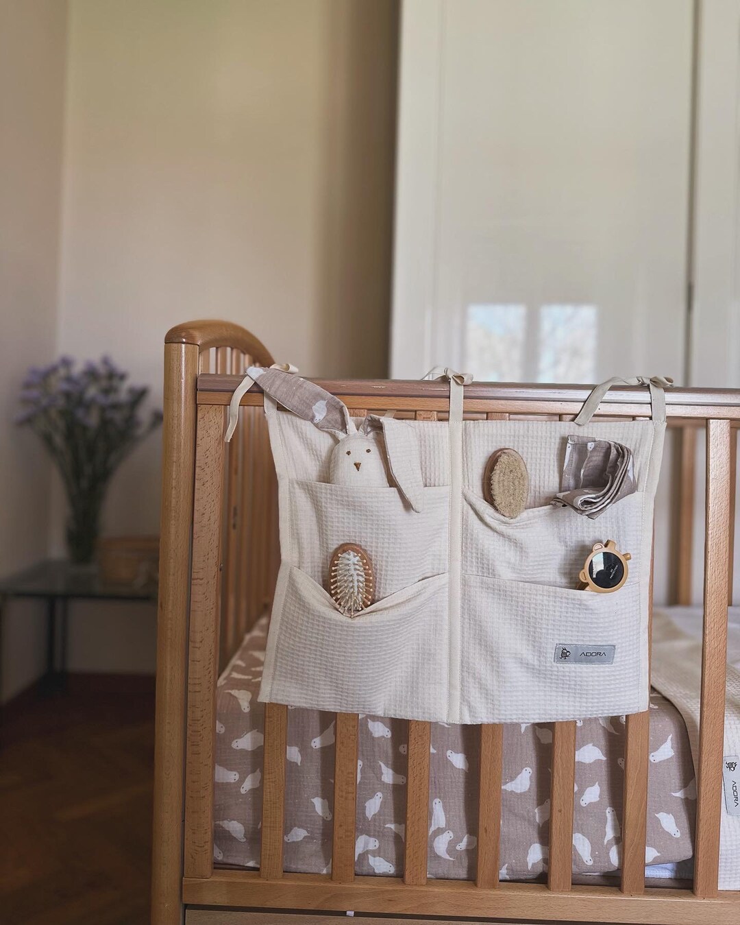 Padded Baby Cot or Cot Organizer With Hanging Fastening and Pockets for ...