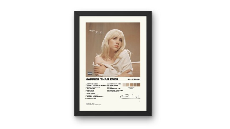 Billie Eilish Album Cover Poster, Happier Than Ever Album Poster, Tracklist Poster, Album Art ...