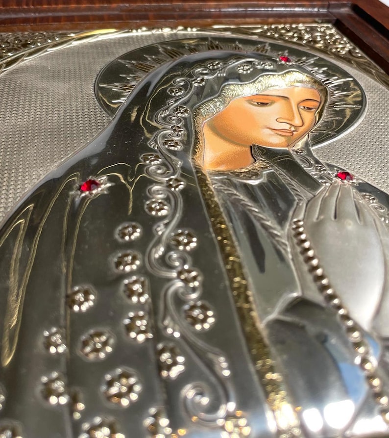 Virgin Mary Icon Panagia Praying, Handmade Silver and Gold Orthodox ...