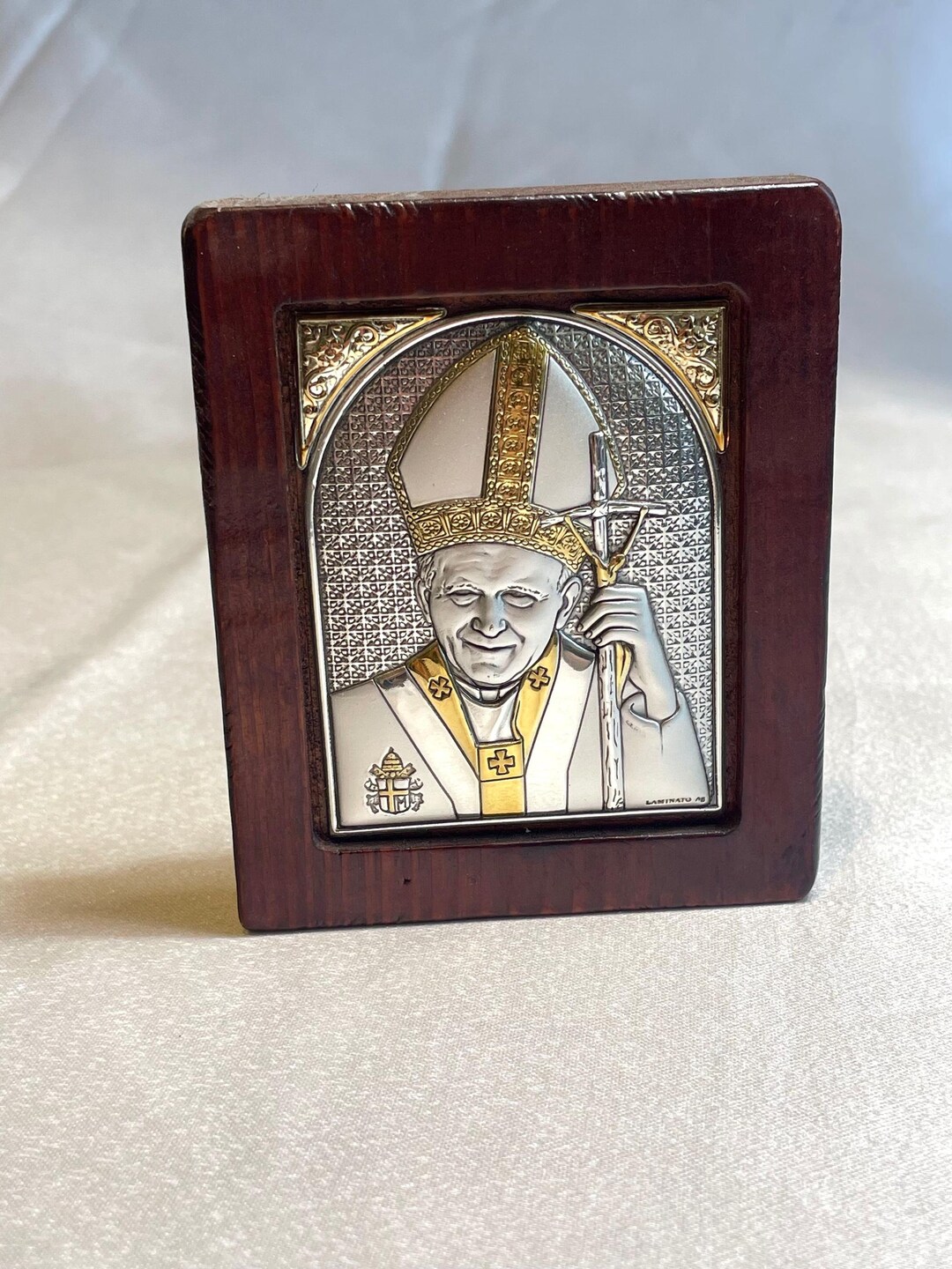 Laminated Metal Artwork of Pope John Paul II, Icon on Natural Wood ...