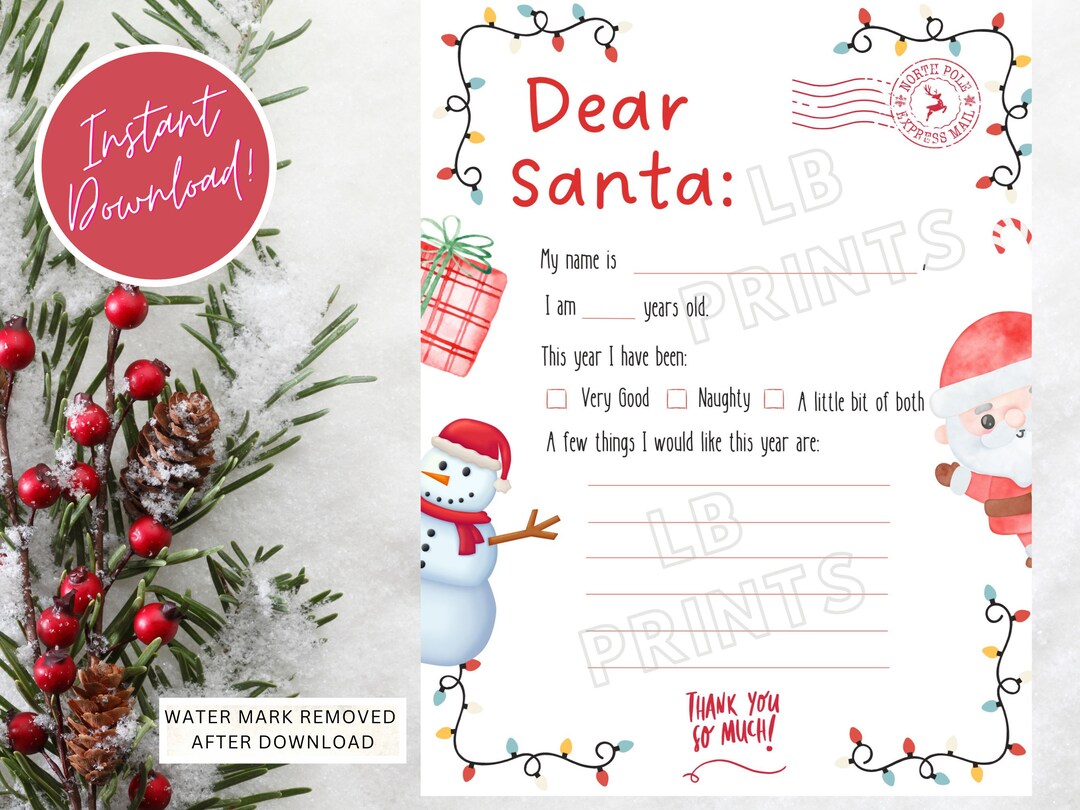 Downloadable Letter to Santa, Printable Letter to Santa, Digital Letter ...