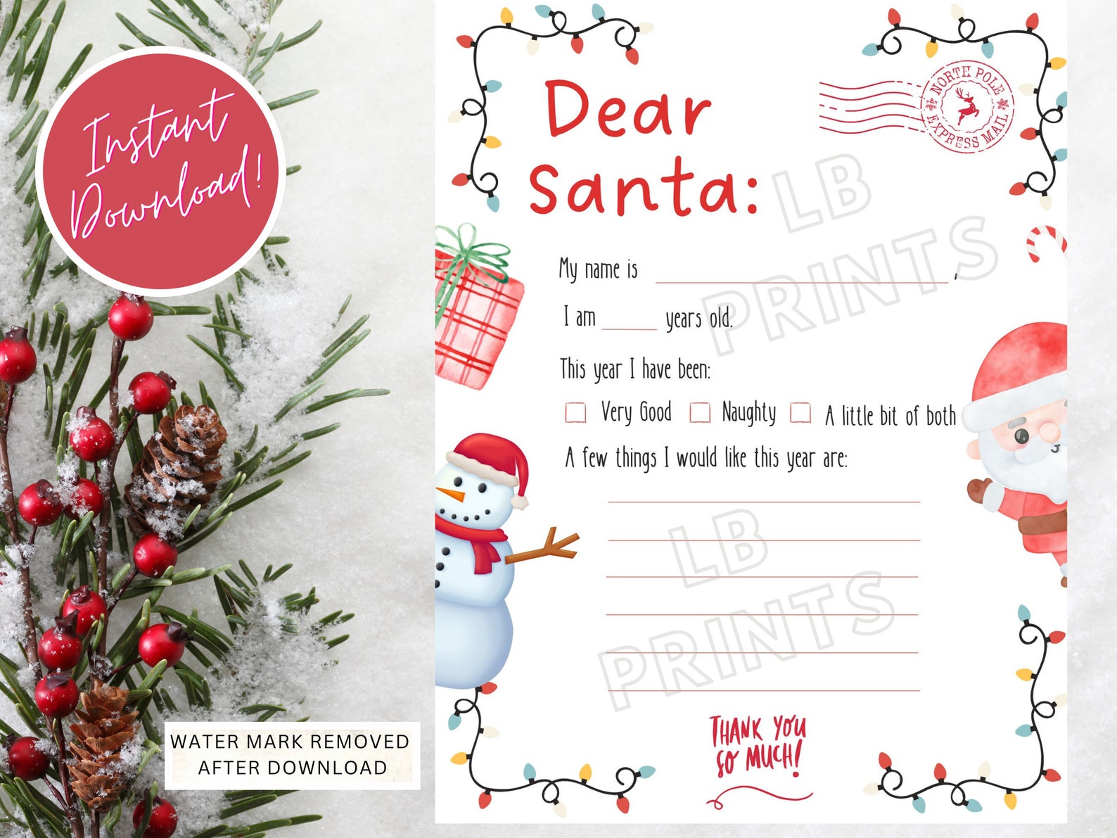 Downloadable Letter to Santa, Printable Letter to Santa, Digital Letter ...