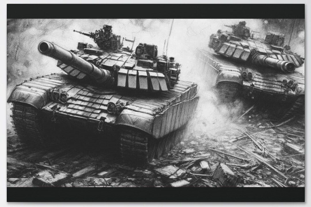 Monochrome Tank Battle Art Print Military Tank Warfare Pencil Sketch ...