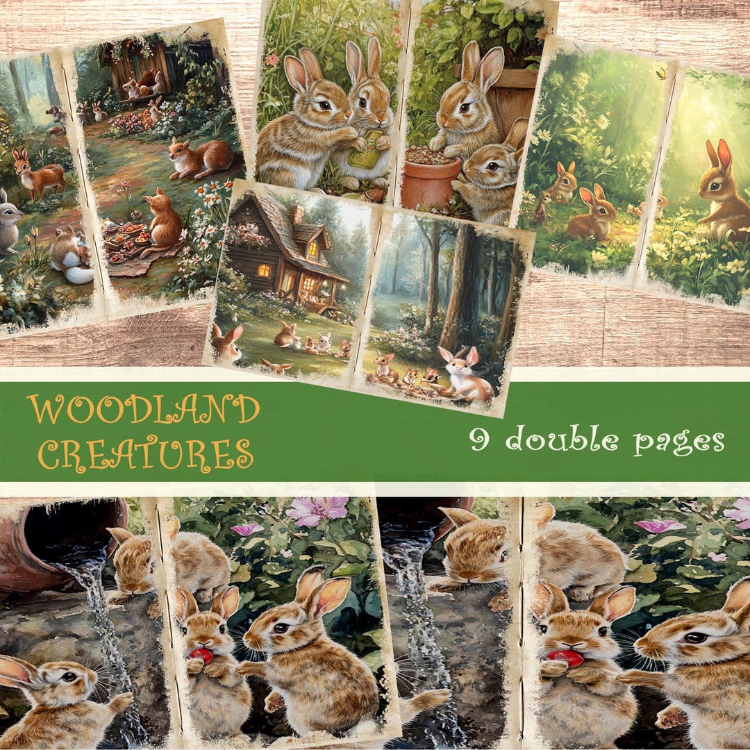 Woodland Animals, Rabbits Deer in Forrest Scene, Animal Clipart ...