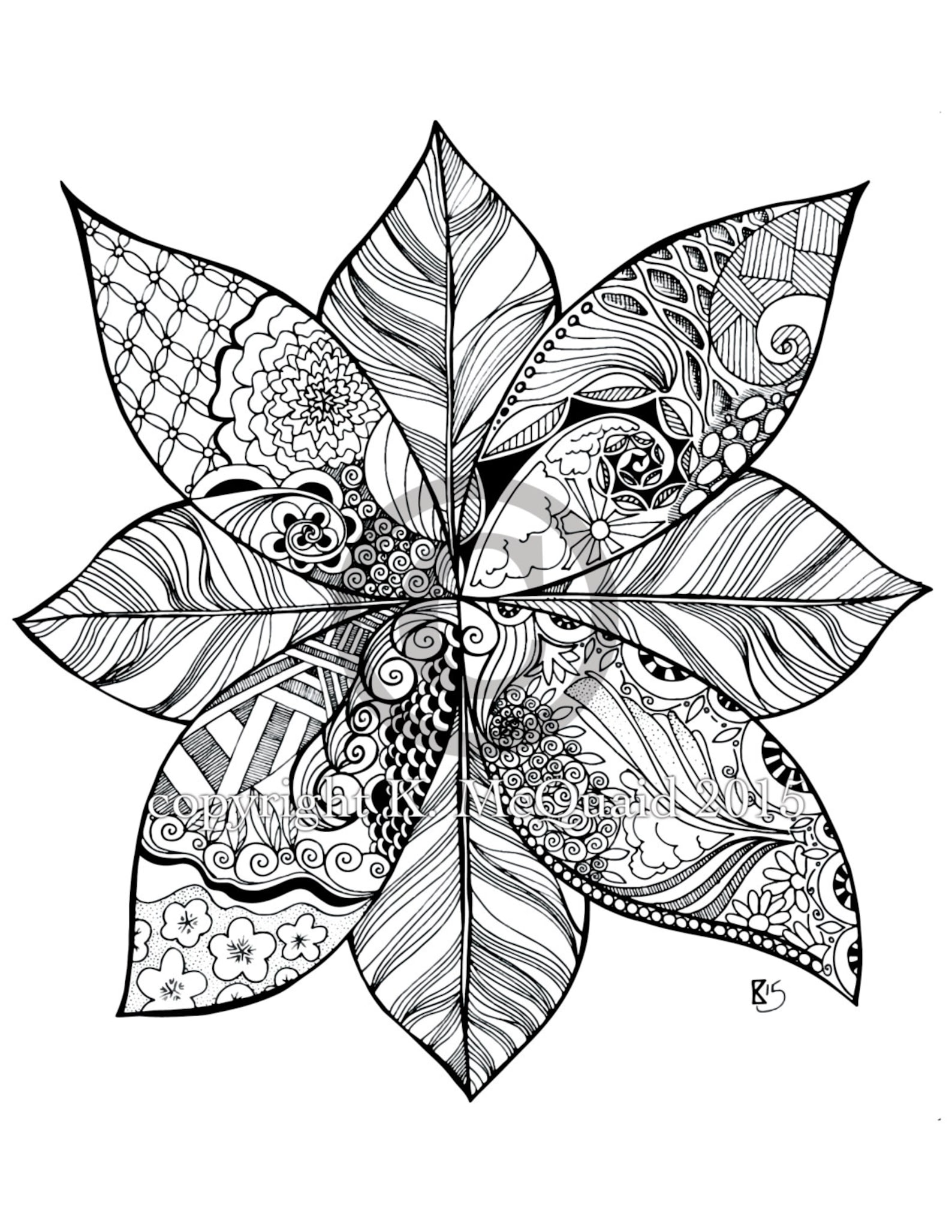 Flower and Leaves Instant PDF Download Coloring Page Hand Drawn ...
