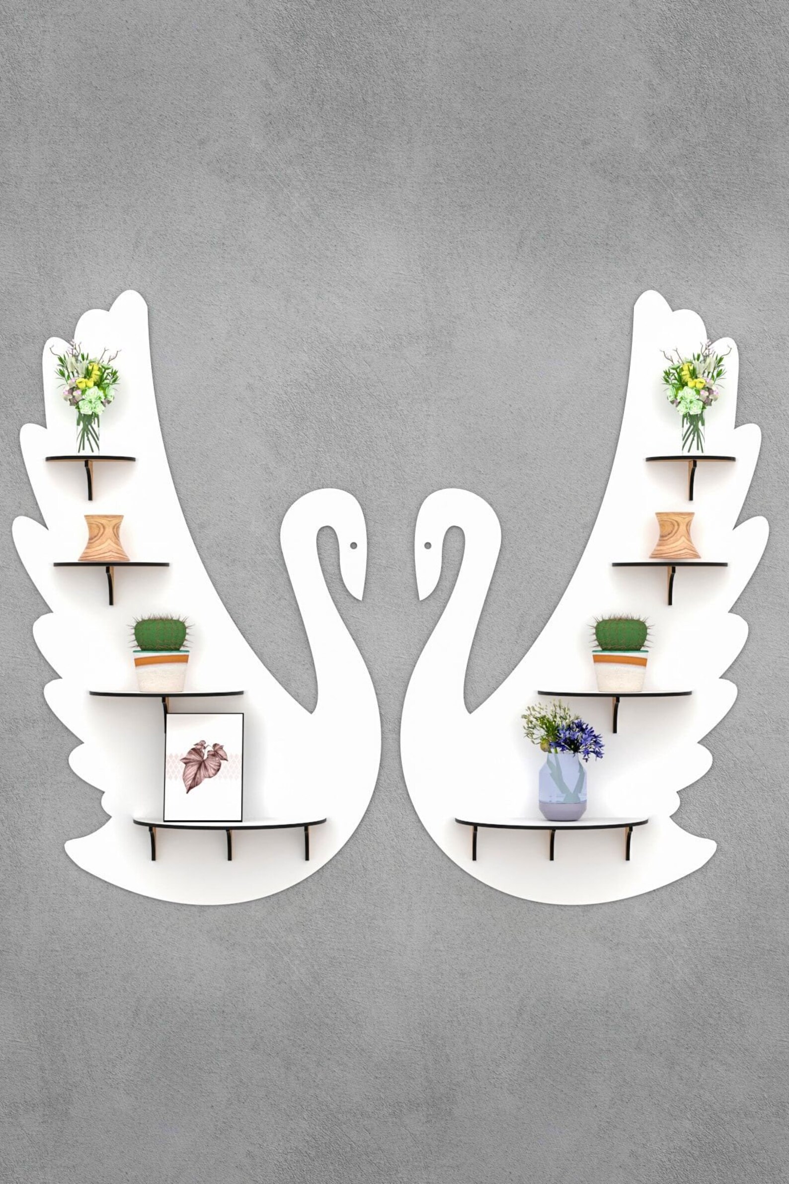 Swan Shaped Wooden Shelf Wall Decor White, Set of 2 Swan Shaped Wall Shelf White Swan Shelf Swan ...