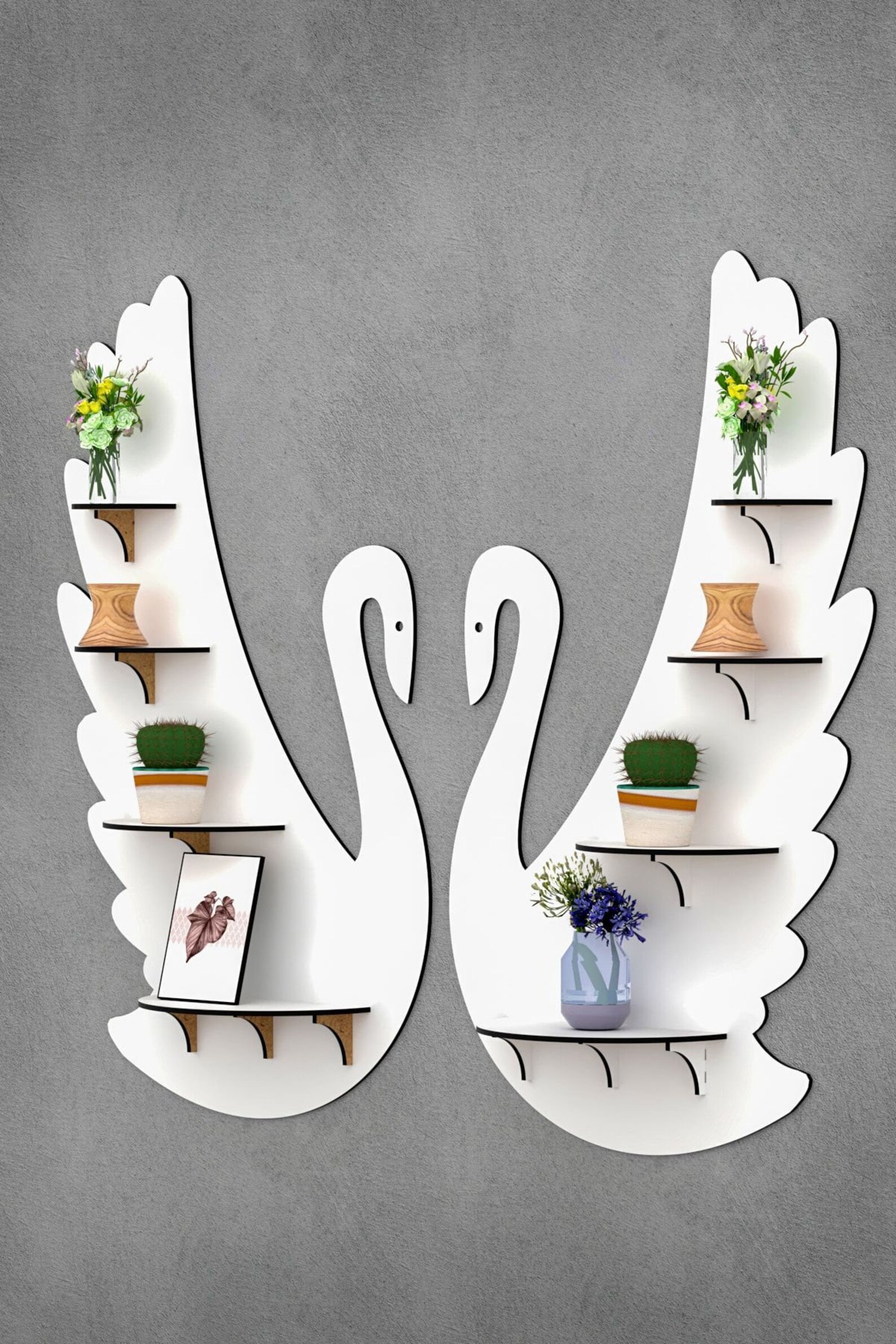 Swan Shaped Wooden Shelf Wall Decor White, Set of 2 Swan Shaped Wall Shelf White Swan Shelf Swan ...