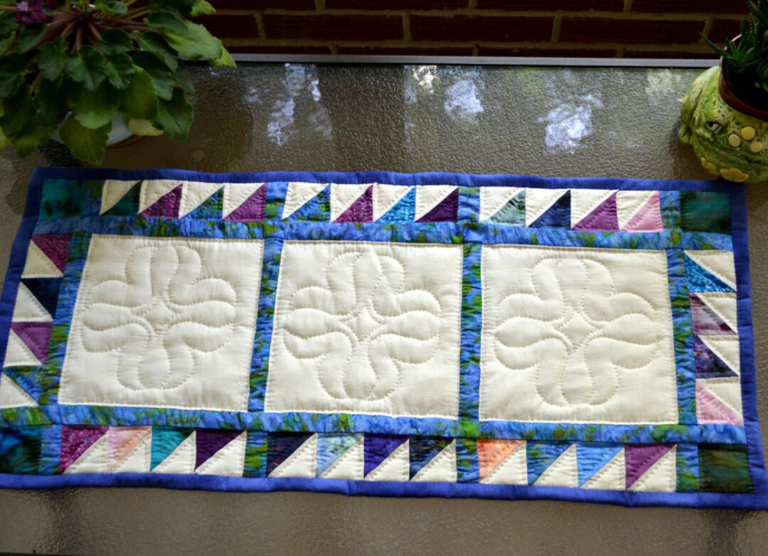 Table Runner, Bali Fabric, Multi Colors, Hand Quilted, Handmade, Blue ...