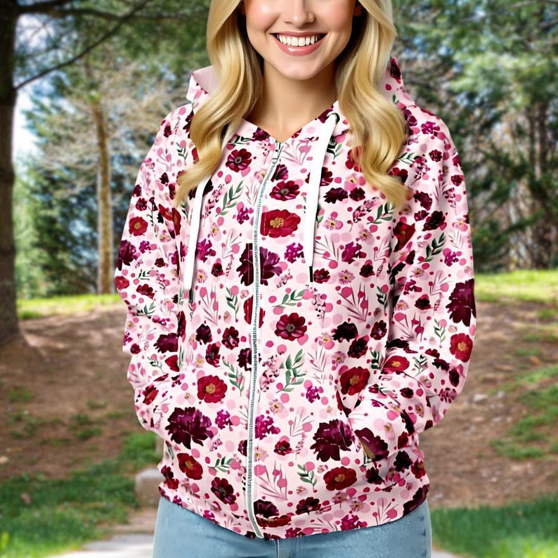 Womens Floral Zip Hoodie Sweatshirt Flower Pattern Botanical Print ...