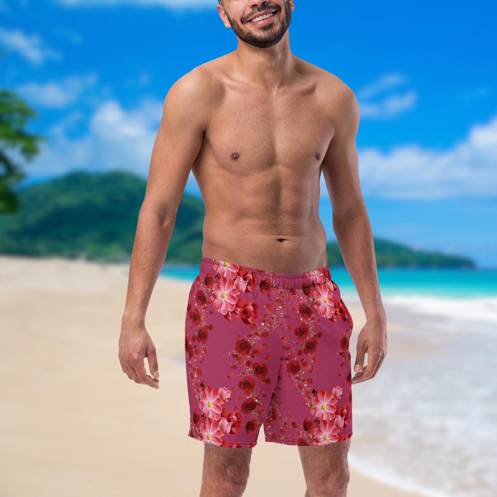 Rose Floral Print Swim Trunks for Dad Beachwear for Vacation Swim Suit ...