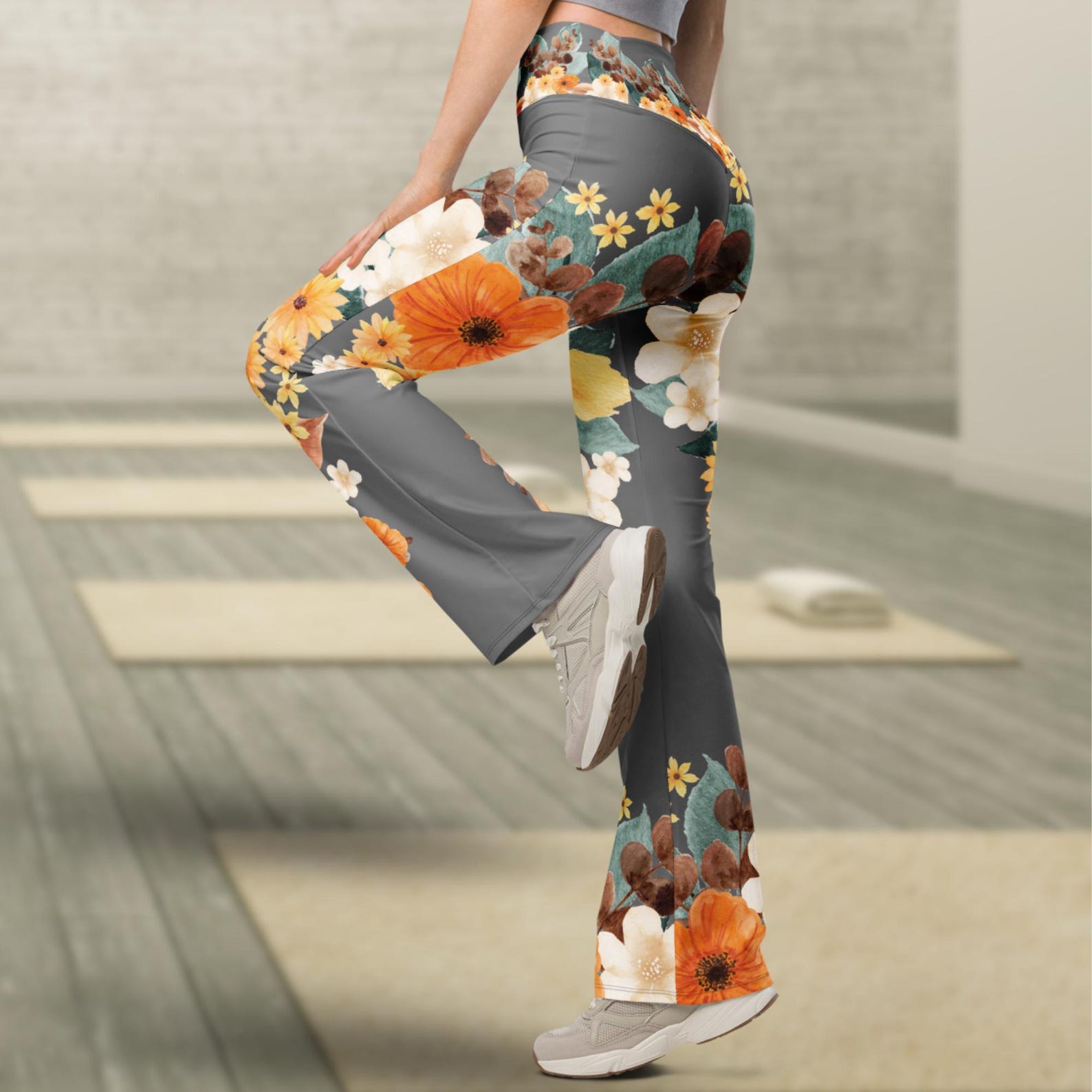 Floral Yoga Pant High Waist Bell Bottom Flare Leg Boho Style Workout ...