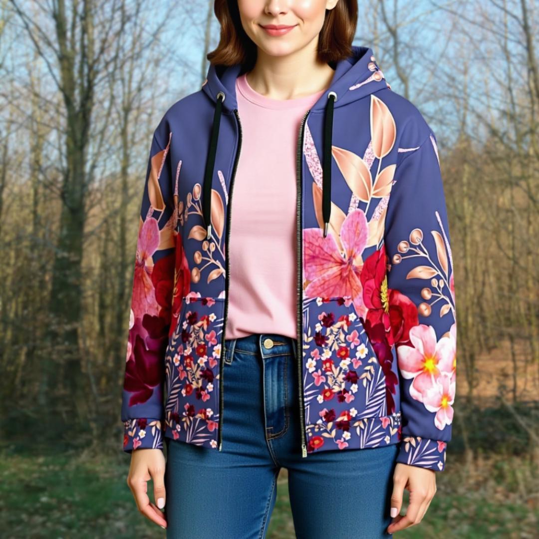 Womens Pink Floral Hoodie Zip up Sweatshirt Gift for Her Flower Print ...