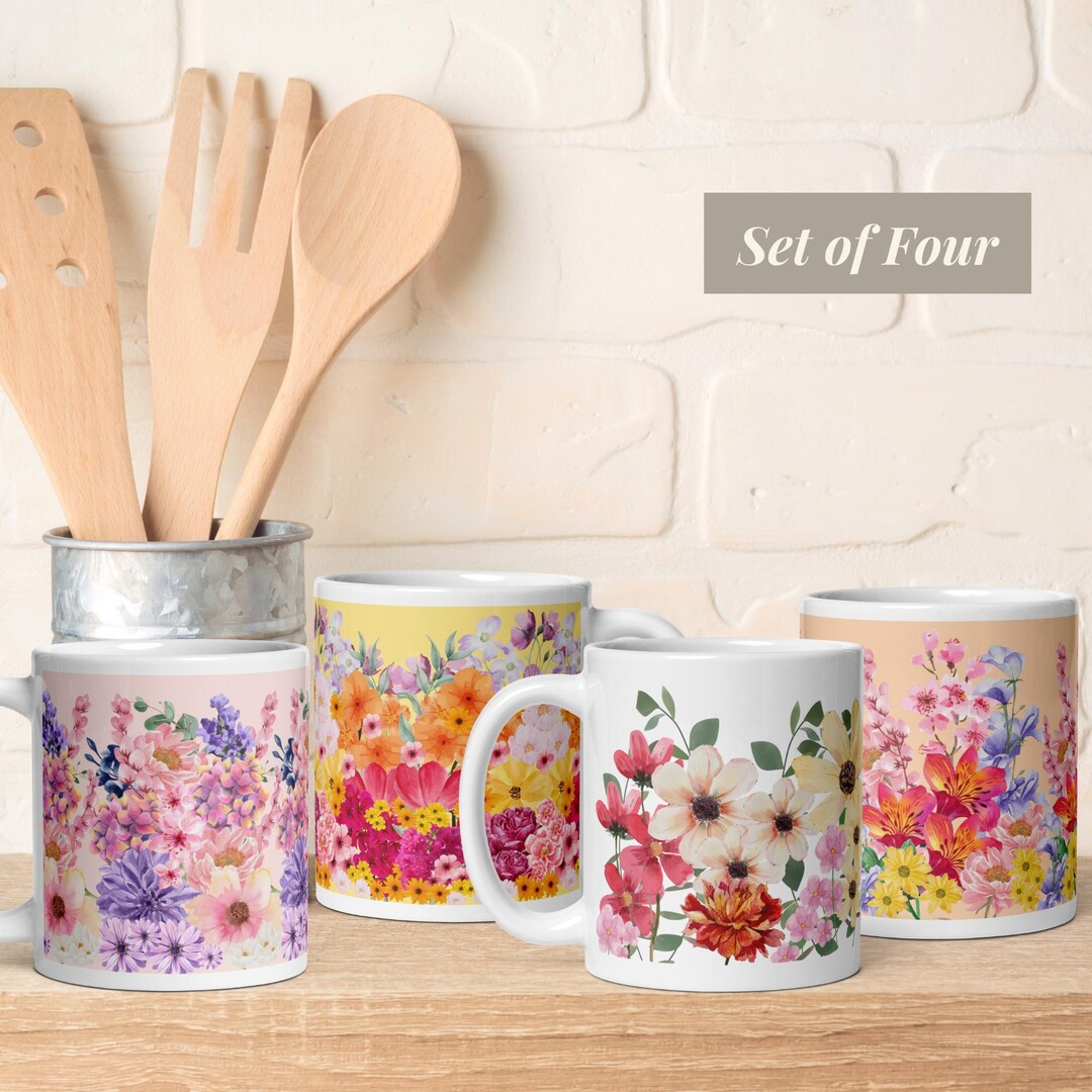 Bright Floral Mug Set Gift for Nature Lover Vibrant Botanical Flower ...
