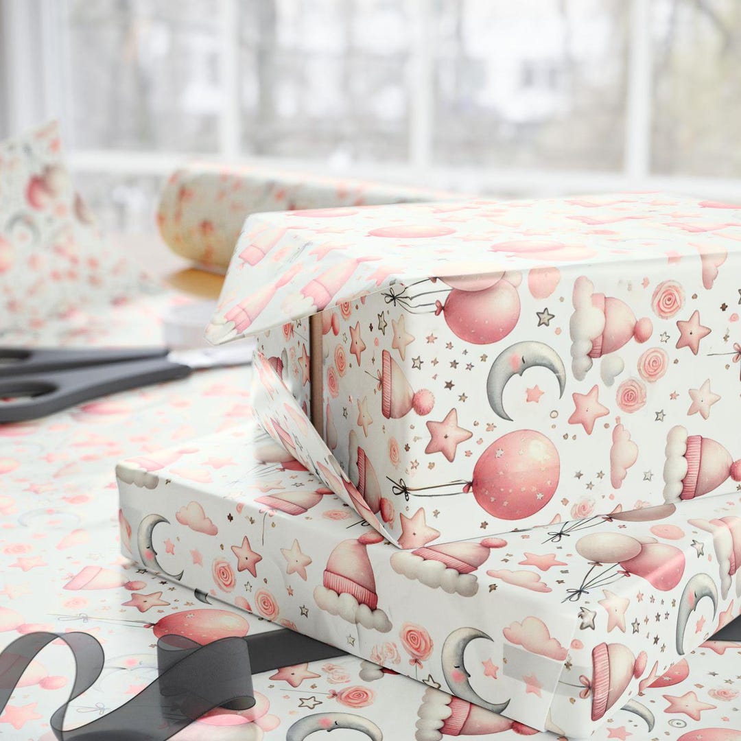 Baby Girl, Pastel Balloon Wrapping Paper, Baby Girl Gift Wrap, Moon ...