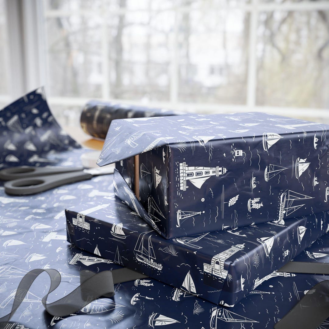 Nautical Wrapping Paper: Elegant Lighthouse & Sailboat Design - Etsy