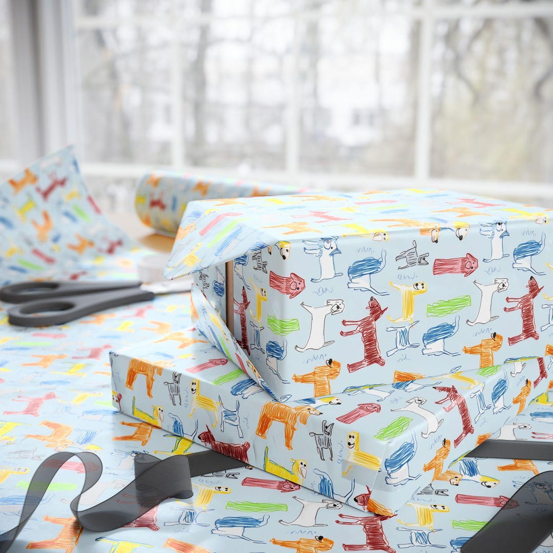 Kids Drawing Dog Wrapping Paper, Gift for Pet Lovers, Cute Puppy Gift ...
