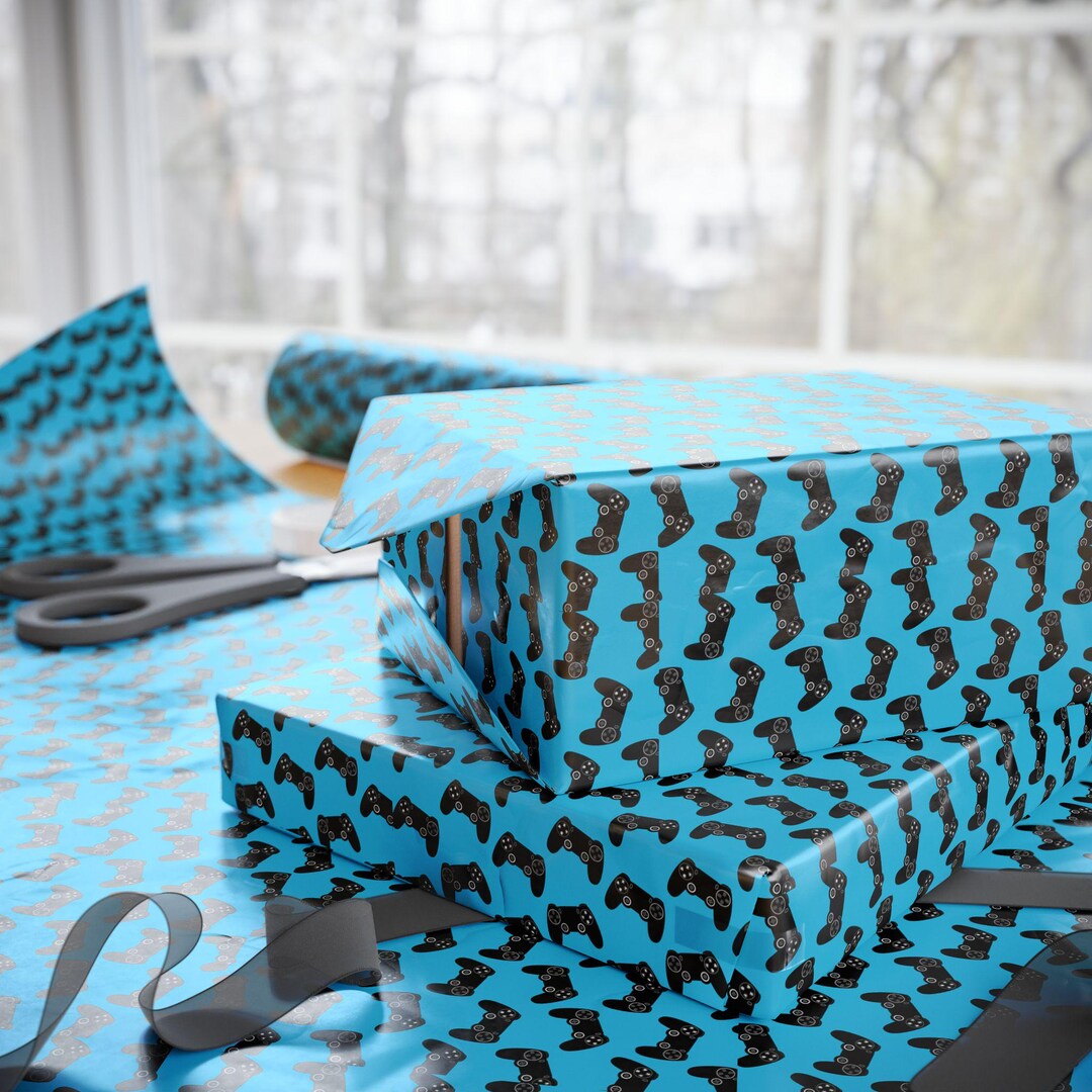 Blue Gamer Wrapping Paper, Video Game Controller Gift Wrap, Fun Gaming ...