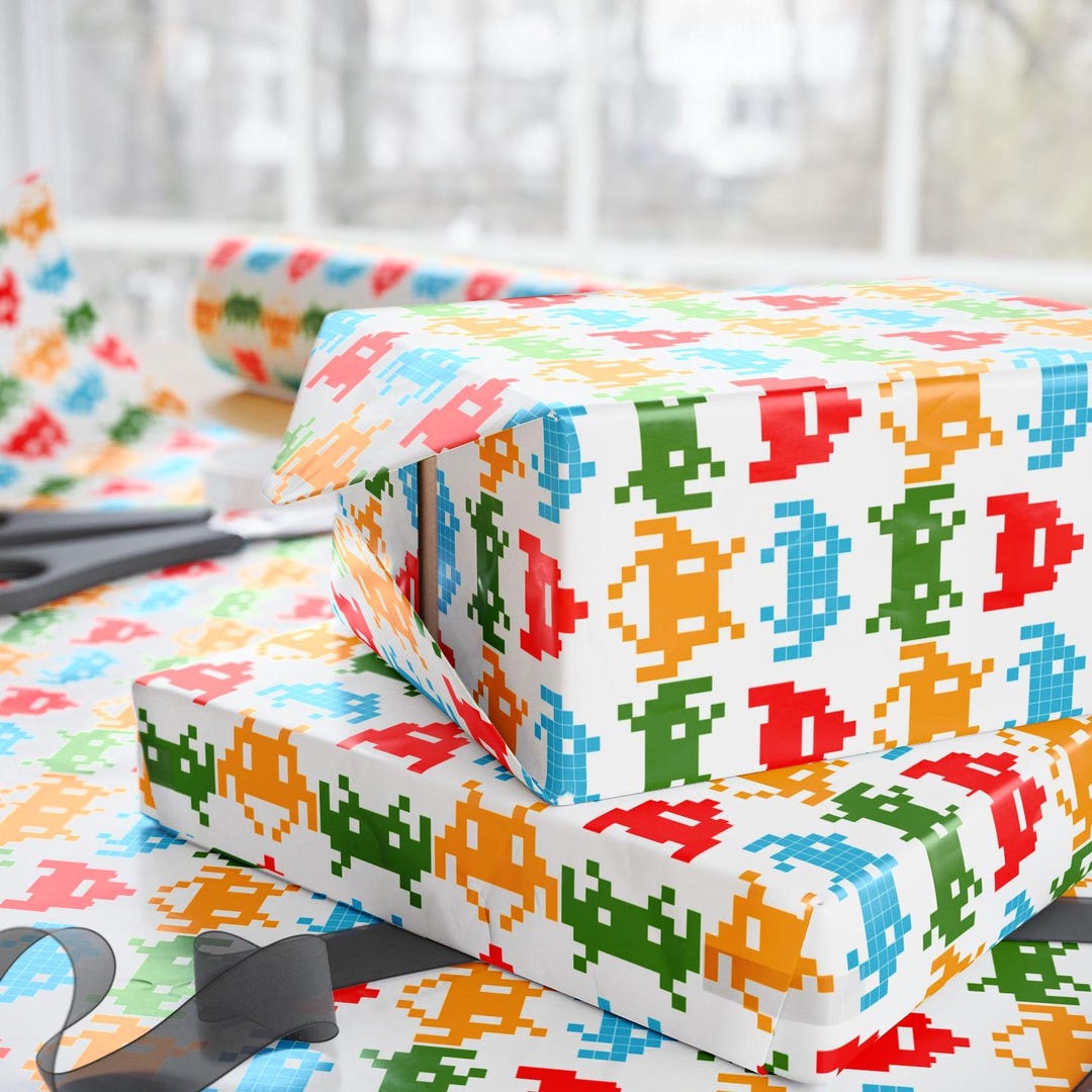 Retro Gamer Wrapping Paper, Colorful Arcade Gift Wrap, Space Invader ...