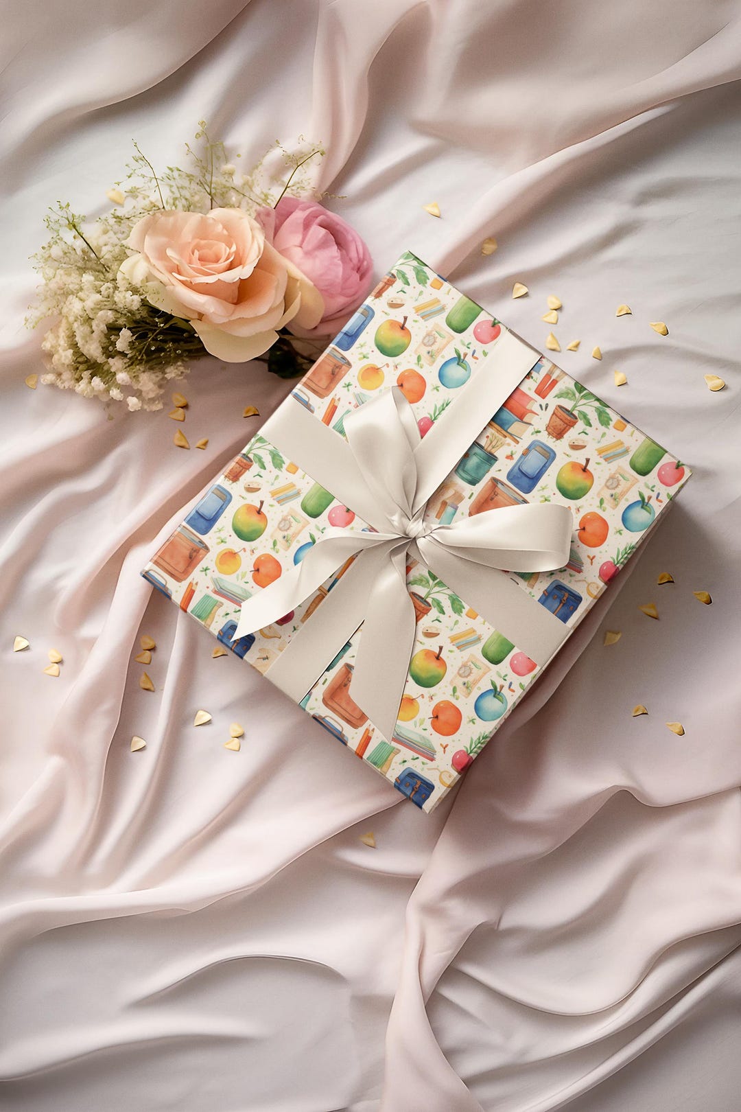 Back to School Wrapping Paper, Teacher Gift Wrap With Books and Apples ...