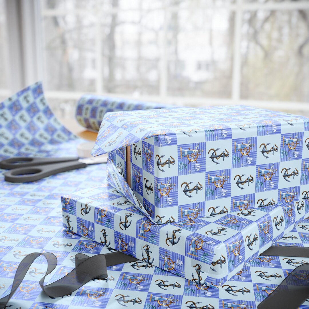 Nautical Wrapping Paper With Anchor and Sailor Girl Pattern, Sea Theme ...
