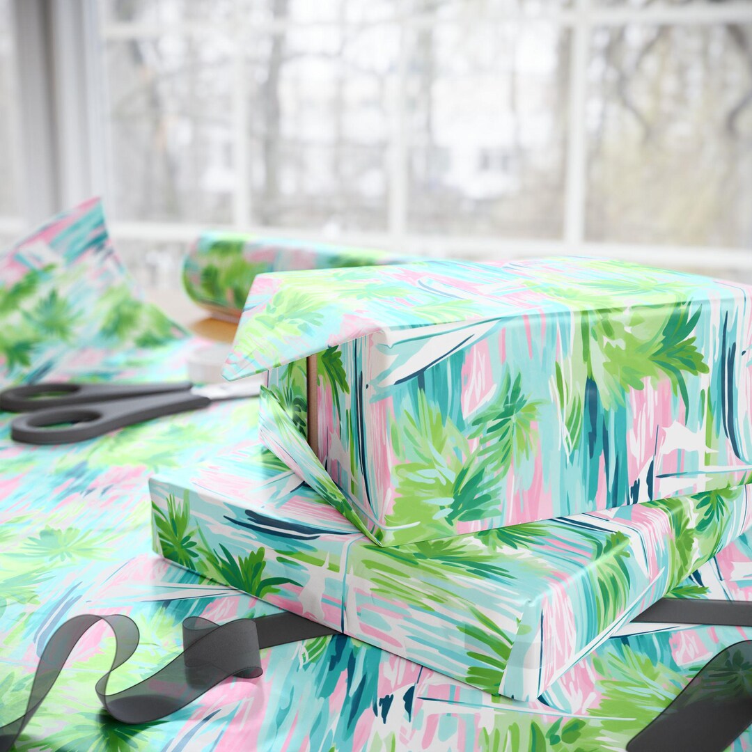 Palm Tree Boat Wrapping Paper, Tropical Vacation Gift Wrap for Summer ...